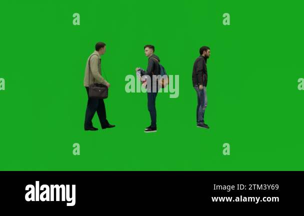 Three students green screen walking and talking with friends at school ...