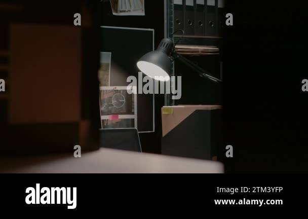 Empty incident room filled with clues and case files, evidence map with ...