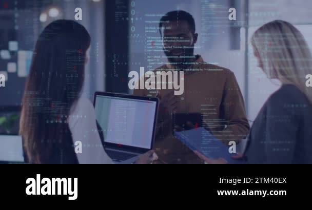 Animation of computer language over diverse coworkers standing and sharing ideas in office ...