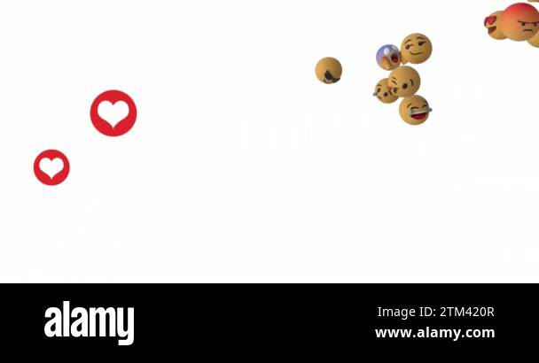 Animation of multiple red heart icons and face emojis floating against ...