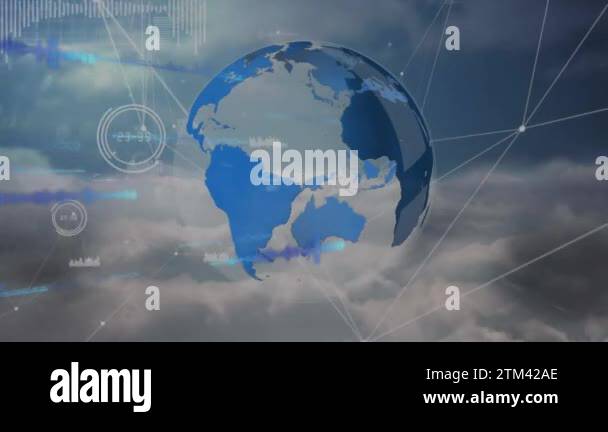 Animation of globe over connected dots against aerial view of dense ...