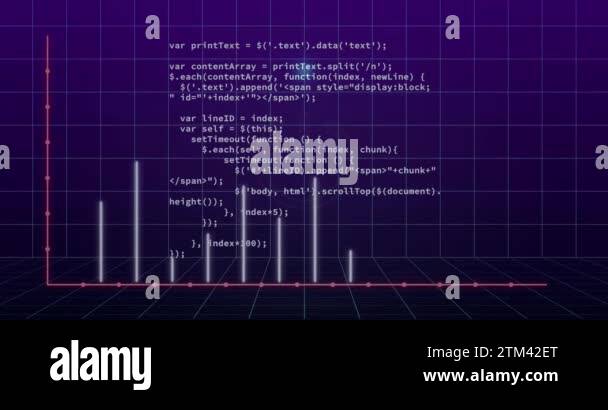 Animation of statistical data processing over glowing power button icon against purple ...