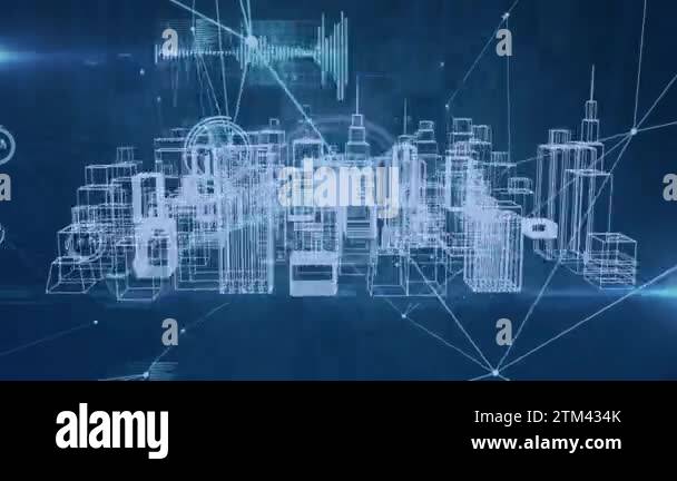 Animation of connected dots, graph icons and 3d model of city against ...