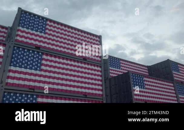 American export or import concept. USA flag containers are located at the container terminal ...
