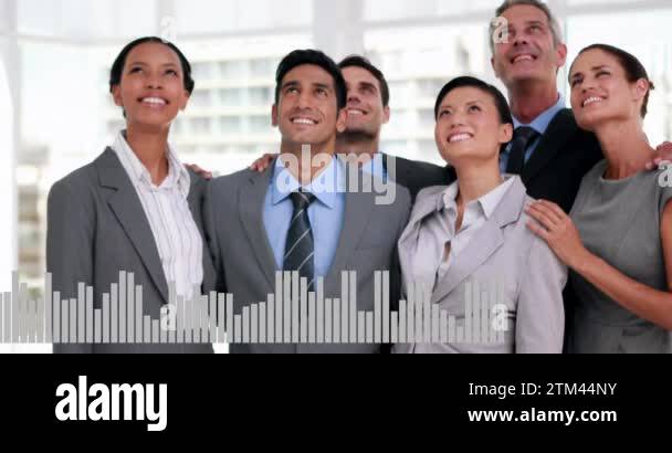 Animation of graph over smiling diverse coworkers holding shoulders and ...