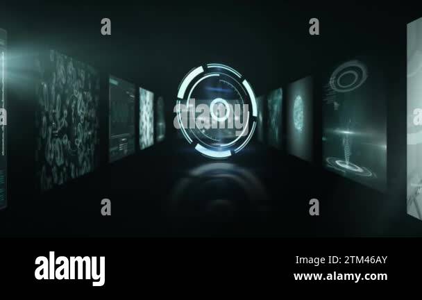 Animation of illuminated circles over multiple medical interfaces against black background ...