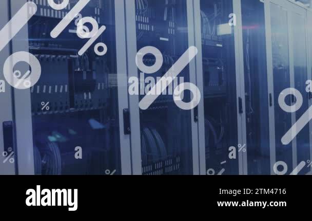 Animation Of Percentile Symbols Over Computer Language Against Server Room In Background