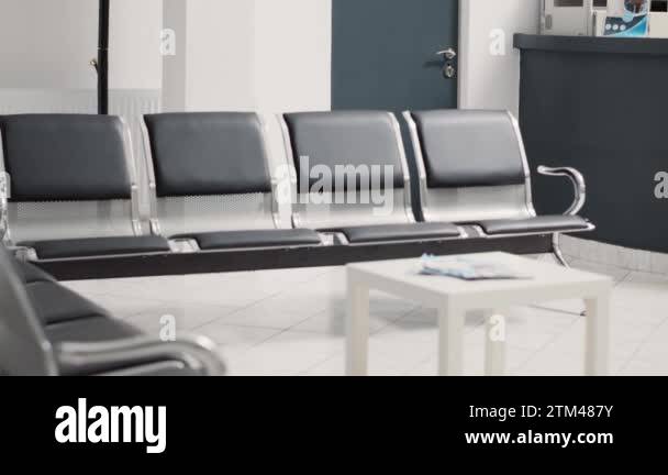 Reception front desk in medical clinic, empty hospital lobby area with ...