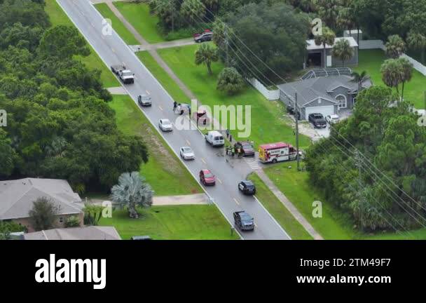 Top view of first responders at accident site on american street ...