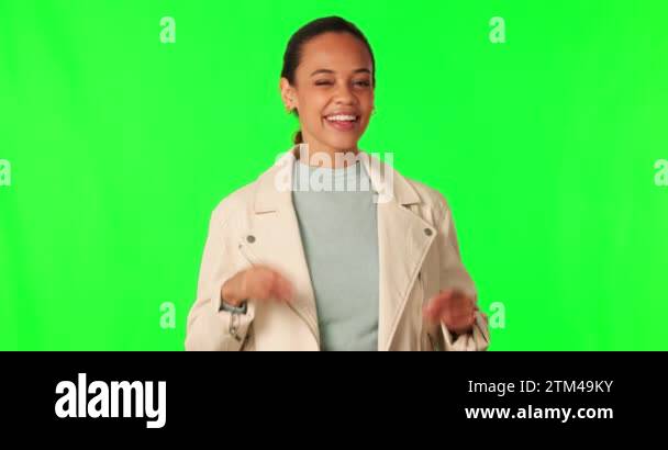 Happy woman, pointing at you and green screen with choice, hand gesture ...