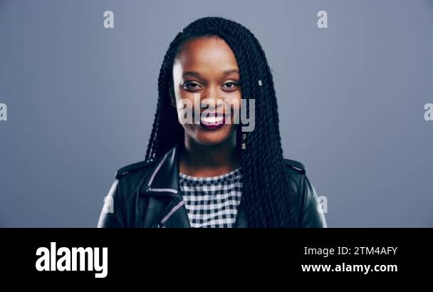 Funny, face and black woman with hands for peace, sign or gen z emoji ...