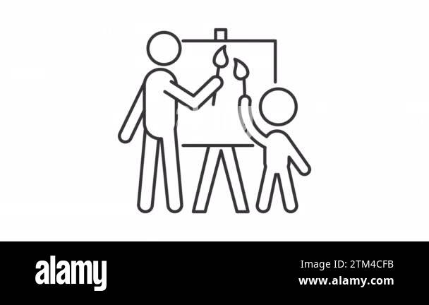 Painting with parent line animation. Father and son drawing together ...