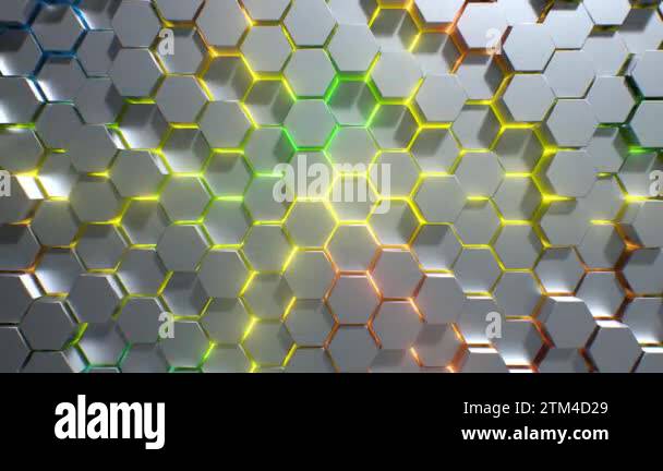 Abstract Moving 3D Metal Hexagon Grid With Glowing Rainbow Neon Color ...