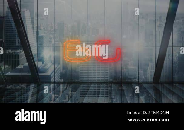 Animation of illuminated 6g text with modern cityscape seen through ...