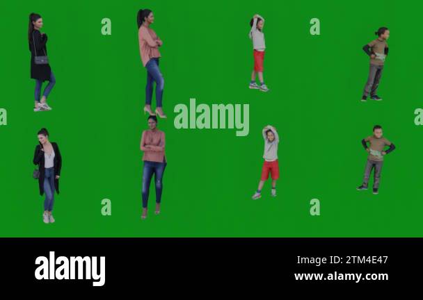 3D blue animated giant cheering friends from left angle on green screen ...