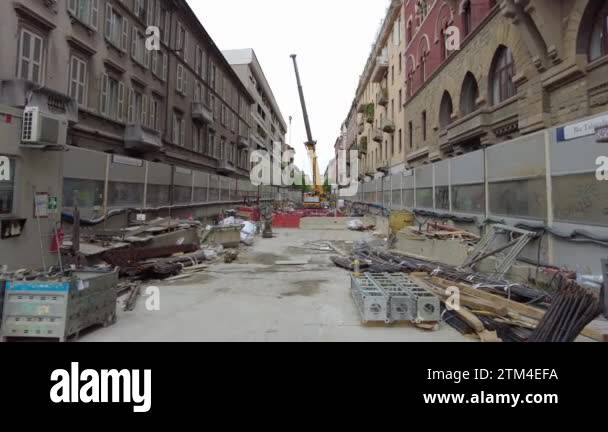 Europe, Italy , Milan 2023 - Construction site with road reconstruction ...