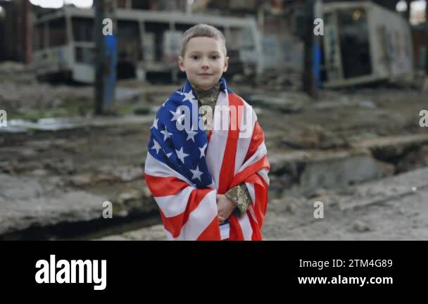 Little Patriotic Male Soldier in Military Uniform Standing Wrapped in ...