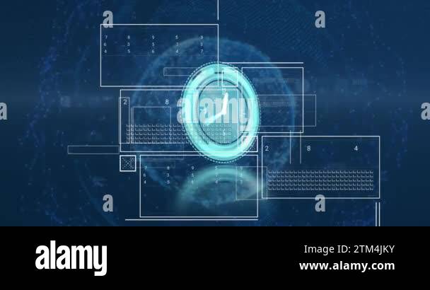 Animation neon ticking clock and interfaces with data processing over globe on blue background ...