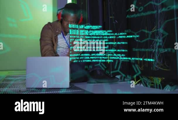 Animation of molecule structures, computer language, african american man with laptop in server ...