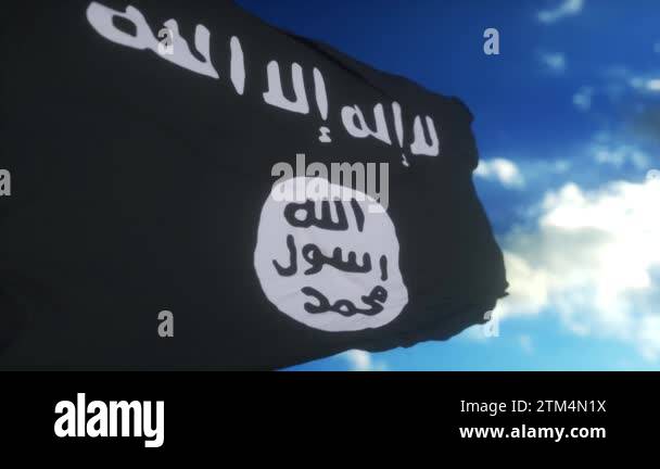 Isis flag blowing in the wind. Black and white flag representing the ...
