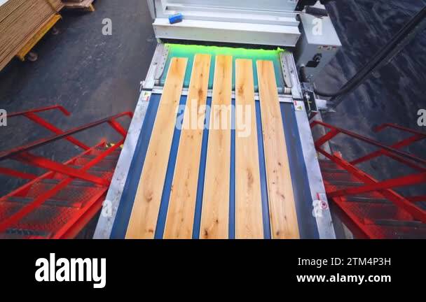 Laminate planks on conveyor line. Production of parquet boards in the ...