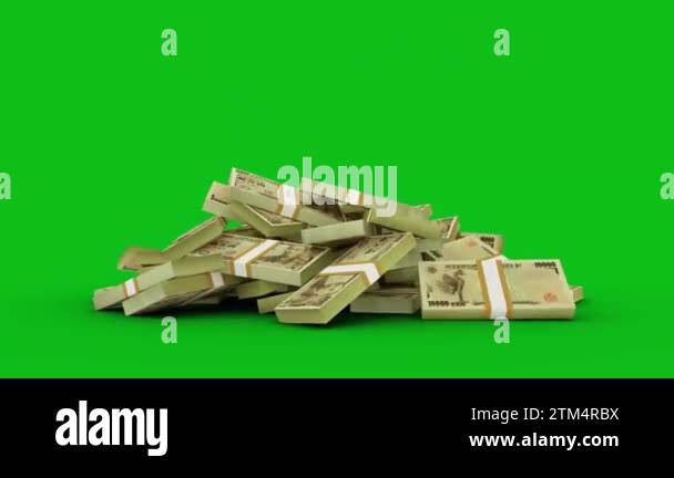 3d animation of stacks of Japanese yen notes falling on greenscreen ...