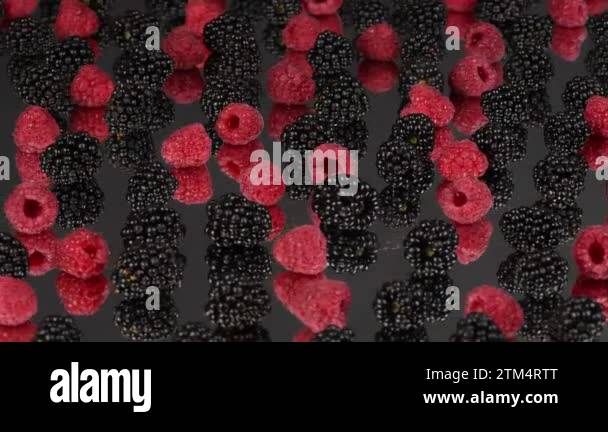 Blackberry and raspberry with reflection on black background. Side view. Loop motion. Rotation ...