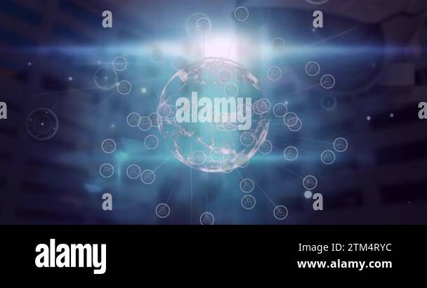 Animation of icons around globe and connected dots over buildings in ...