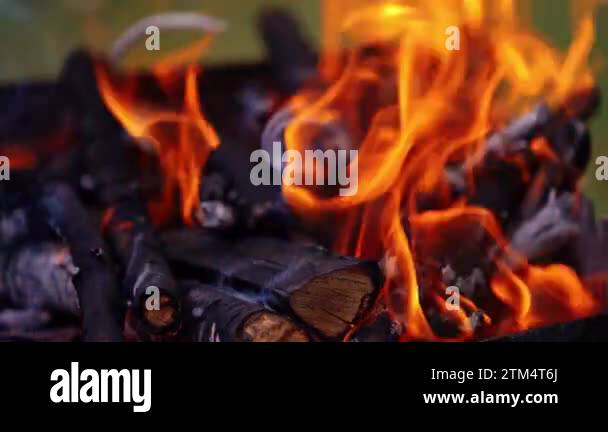 Black logs in fire. Wood burning in bright fire flame. Motion of orange ...