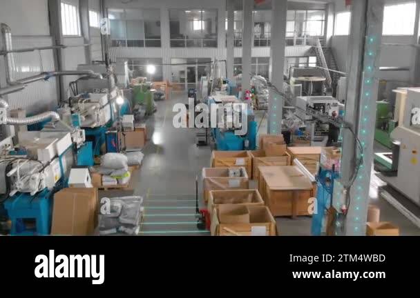 Workshop of a modern factory. Flight through the workshop of a modern ...