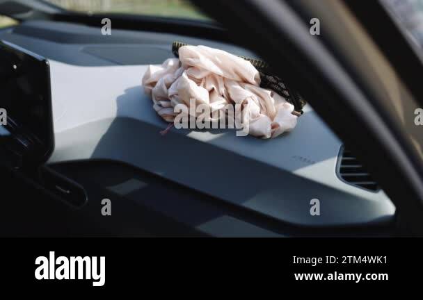 Car after an accident. Safety device in the car. Drivers airbag ...