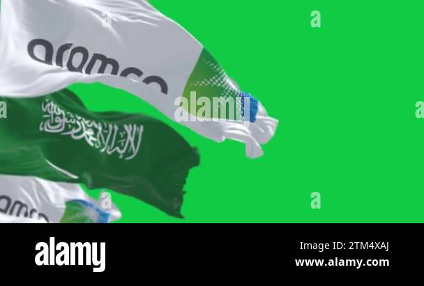 Dhahran, SA, Oct 20 2023: Flags of Aramco and Saudi Arabia waving on ...