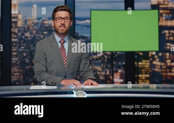 Television presenter point green screen talk evening news. Professional ...