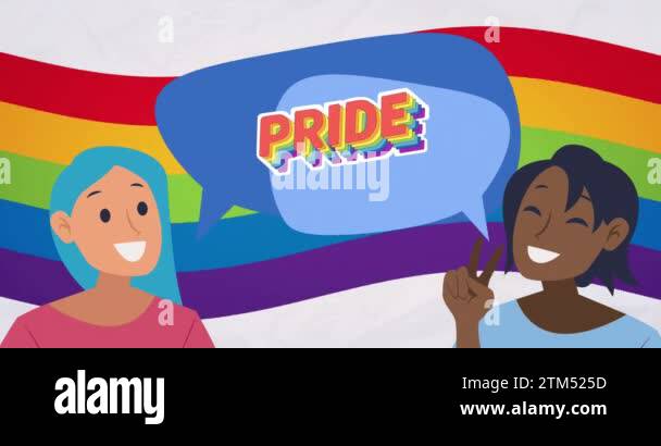 Animation of rainbow pride text and two women over rainbow background ...