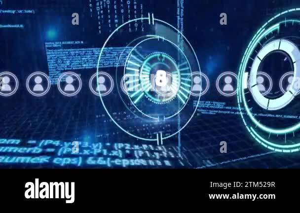 Animation of profile icons over changing numbers in loading circles over computer language ...