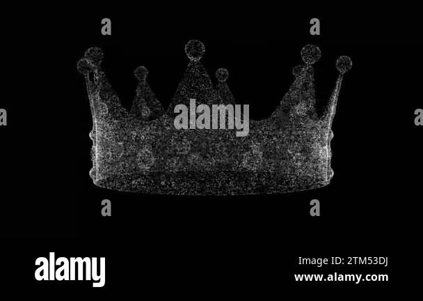 3D Royal Crown rotates on black bg. Object dissolved white flickering ...