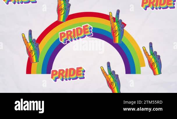 Animation of rainbow pride text and victory signs over rainbow ...