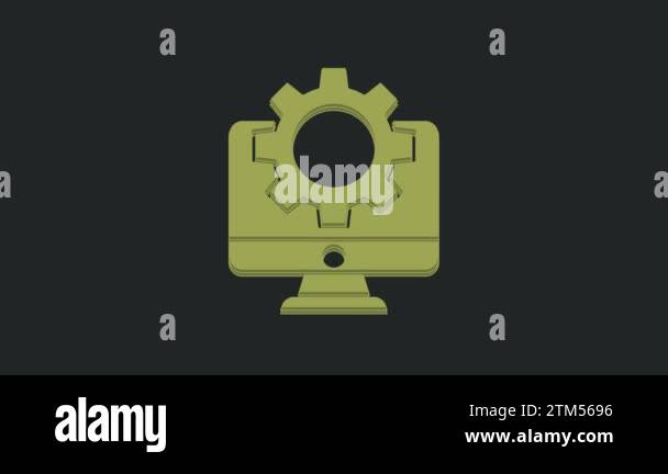 Green Computer monitor and gear icon isolated on black background ...
