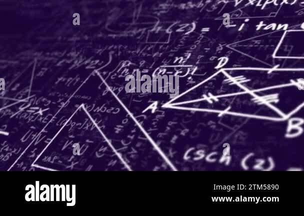 Animation of mathematical equation and diagrams over black background. Digitally generated ...