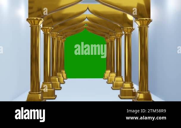 Gold color Muslim mosque gate. 3d transition on green background. 4k ...