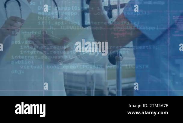 Animation of connected icons, programming language over diverse doctors ...