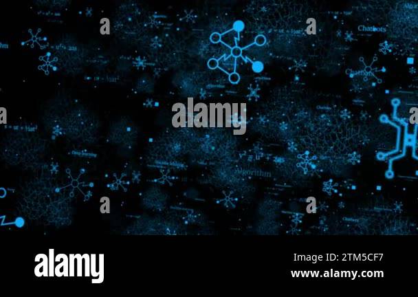 Animated Royal blue color 3d mesh of tech elements and formula ...