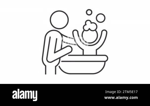 Bathing child linear animation. Parent washing toddler in bathtub ...