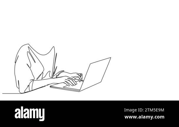 animated continuous single line drawing of woman with laptop computer ...