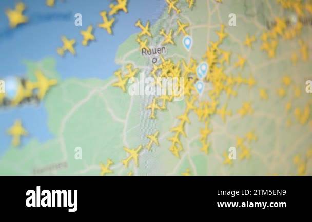 Air traffic London Luxembourg Europe cities airplane map. Camera shot ...