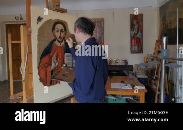 Artist Restoring Orthodox Icon Holding a Palette Repair Restoration of ...