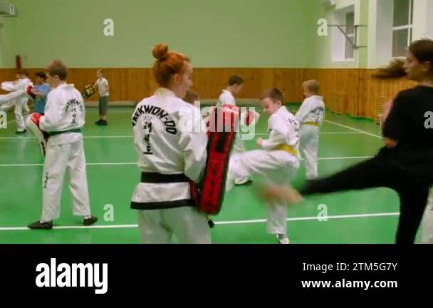 KYIV, UKRAINE - NOVEMBER 16, 2023: Kids' Taekwondo. Kids getting ...