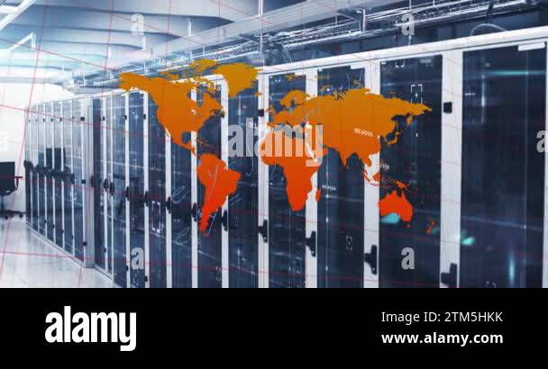 Animation of mathematical equations and world map over grid network against computer server room ...