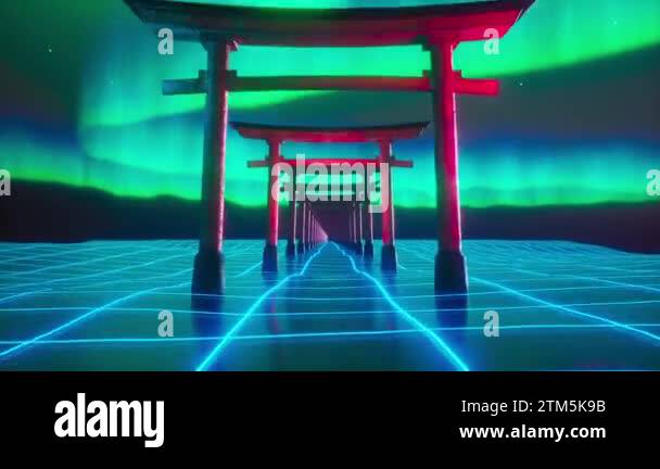 Neon-lit torii gates stand before an aurora, symbolizing a sacred ...