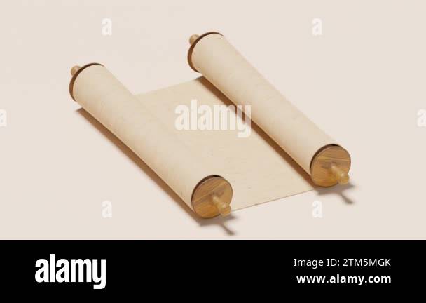 3d animation of a papyrus or parchment book scroll. The book scroll ...